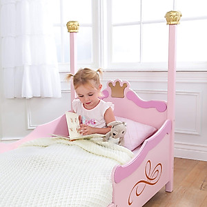 KidKraft Wooden Princess Toddler Four-Poster Bed with Crown Accents, Children's Furniture - Pink, Gift for Ages 15 mo+