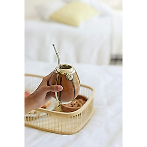 BALIBETOV [New Handmade Yerba Mate Gourd Set - German Silver Trim and Base - [Mate Cup] with Bombilla [Yerba Mate Straw] (Natural)