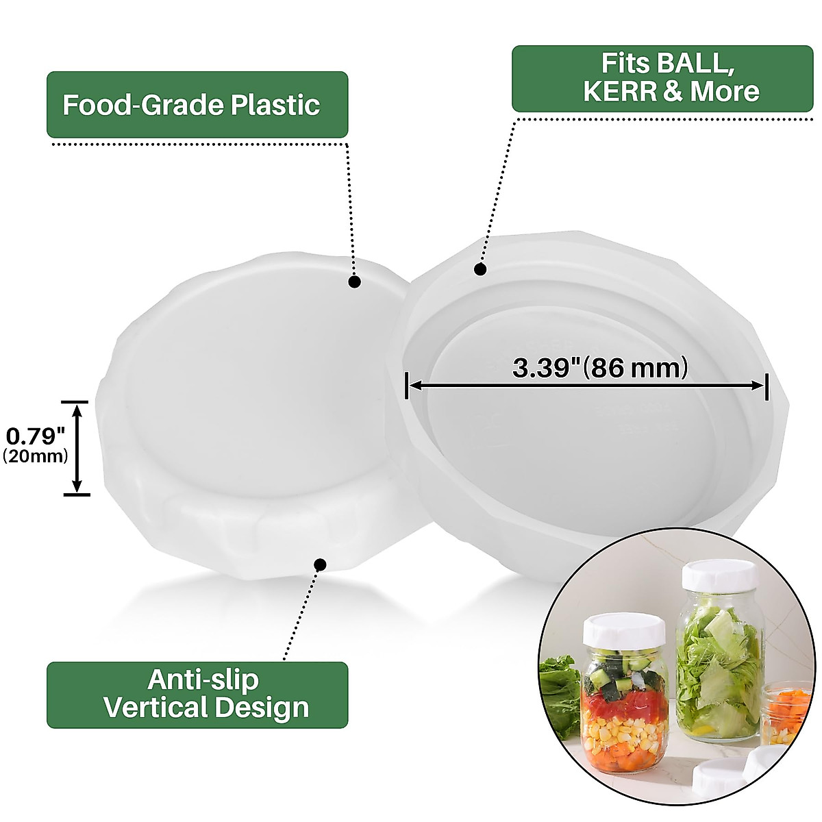 24 Pack Plastic Mason Jar Lids 24 White Wide Mouth with Sealing Rings Mason Jar Lids Fits Ball, Kerr & More Plastic Lids for Mason Jars 86mm Diameter