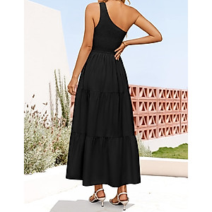 ZESICA Women's 2025 Bohemian Summer Floral Print One Shoulder Sleeveless Smocked Ruffle Tiered Beach Long Midi Dress,Black,Medium