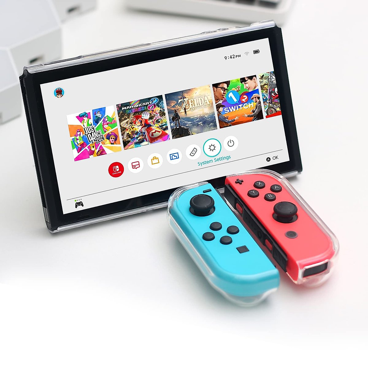 Switch Clear Case, Dockable Protective Hard Cover Case for Nintendo Switch and Soft TPU Grip Case for Joy-Con with Tempered Glass Screen Protector and Thumb Stick Caps (NOT for Switch OLED)