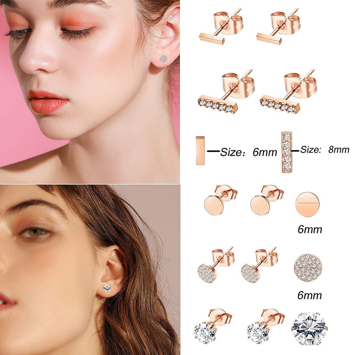 LOYALLOOK 10 Pairs Rose Gold CZ Bar Stud Earrings Set for Women Stainless Steel Earring Lotus Flower Ear Jacket Stud Hoop Earring Women Cartilage Earring Set