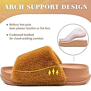 KuaiLu Womens Slides Soft Cushion Faux Fur Sandals for Women Open Toe House Slipper with Arch Support Ladies Slip On Fuzzy Platform Slipper Indoor Outdoor,Khaki Size 10