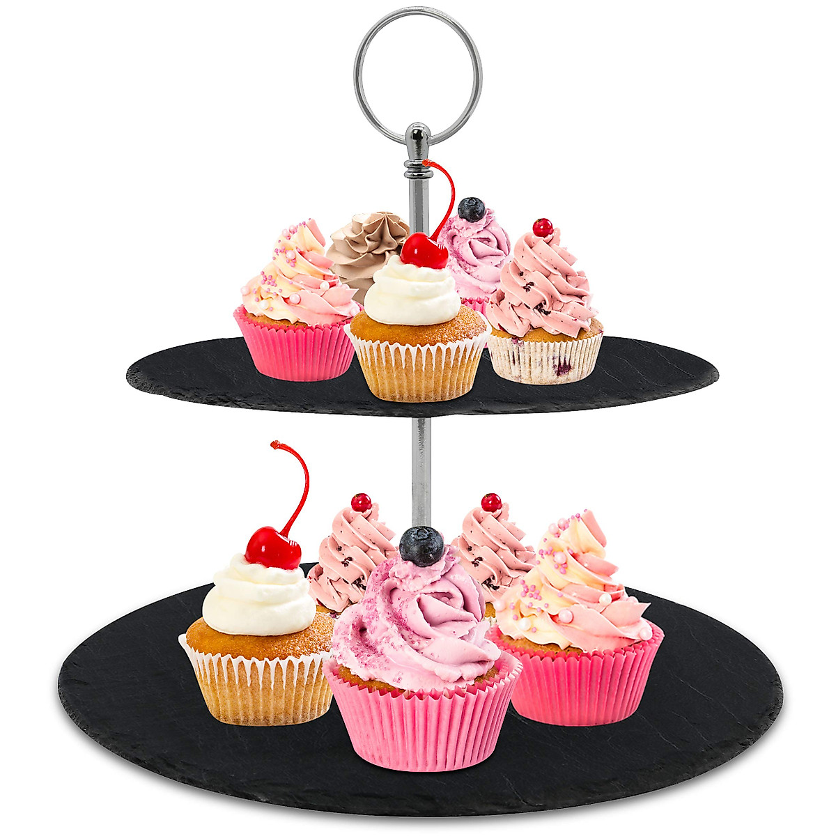 NutriChef Two Tier Slate Cake Stand-Round Multi Level Tray Serving Plate,Cupcake Holder Display,Dessert Tower,Fruit Platter w/Stainless Steel Rods and Handle,for Wedding,Birthday