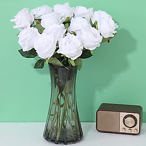 Cloudecor 15Pcs Artificial Roses Velet Real Touch Single Stem Fake Roses Silk Realistic Bouquet Flowers Arrangements Home Office Garden Grave Party Wedding Decoration(Pure White-15p, Blossom Roses)