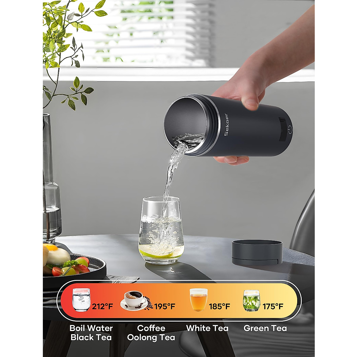 Sekaer Travel Portable Electric Kettle, Small Tea Kettle Coffee Mini Hot Water Boiler, 400mL & 304 Stainless Steel, with 4 Variable Presets and Auto Shut-Off SKE-840G