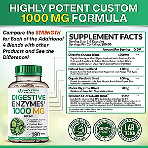 Wholesome Wellness Digestive Enzymes 1000MG Plus Prebiotics & Probiotics Supplement, 180 Capsules, Organic Plant-Based Vegan Formula for Digestion & Lactose with Amylase & Bromelain,1-2 Month Supply