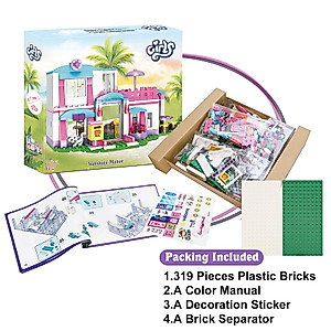 BRICK STORY Dream Girls Friends House Building Sets Beach House for Girls 319 PCS Seaside Villa with Swing Sun Lounger Building Kit Play Set Toys for Kids Aged 6-12