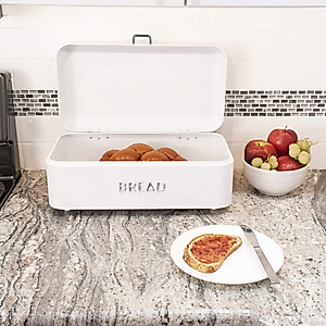 Home Basics Bread Box For Kitchen Countertop, Metal, (White), Vented With Hinge Top and Non-Skid Feet | Large Bread Box | Keeps Loaves, Bagels, Croissants Fresh