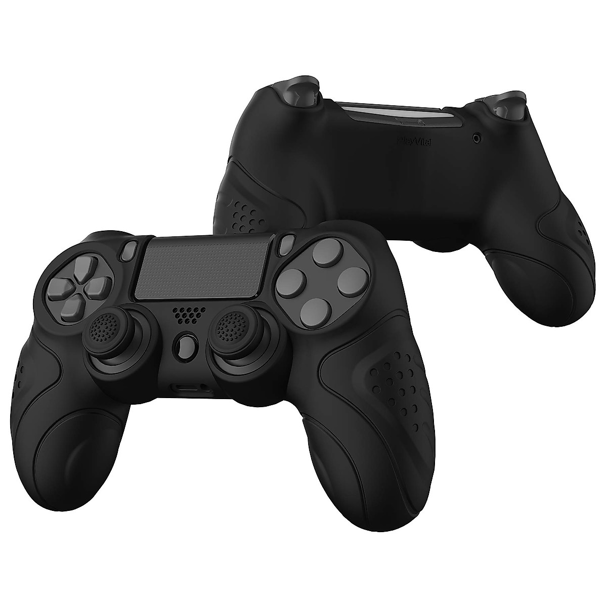 PlayVital Guardian Edition Black Ergonomic Soft Anti-Slip Controller Silicone Case Cover for ps4, Rubber Protector Skin with Joystick Caps for ps4 Slim for ps4 Pro Controller