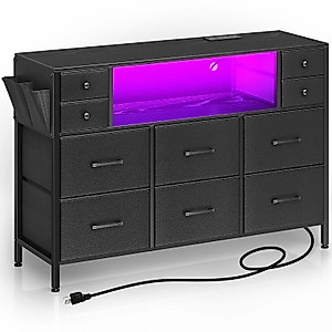 Rolanstar Dresser with Power Outlets and LED Lights, 10 Drawers Dresser with Side Pocket, Fabric Chest of Drawers with PU Finish, TV Stand with Wood Top for up to 55inch TV, Black,XL