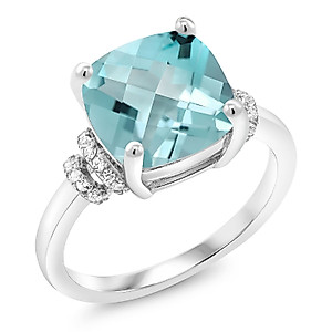 Gem Stone King 925 Sterling Silver Sky Blue Topaz Ring For Women (4.94 Cttw, Cushion Checkerboard 10MM, Gemstone Birthstone, Available in size 5, 6, 7, 8, 9)