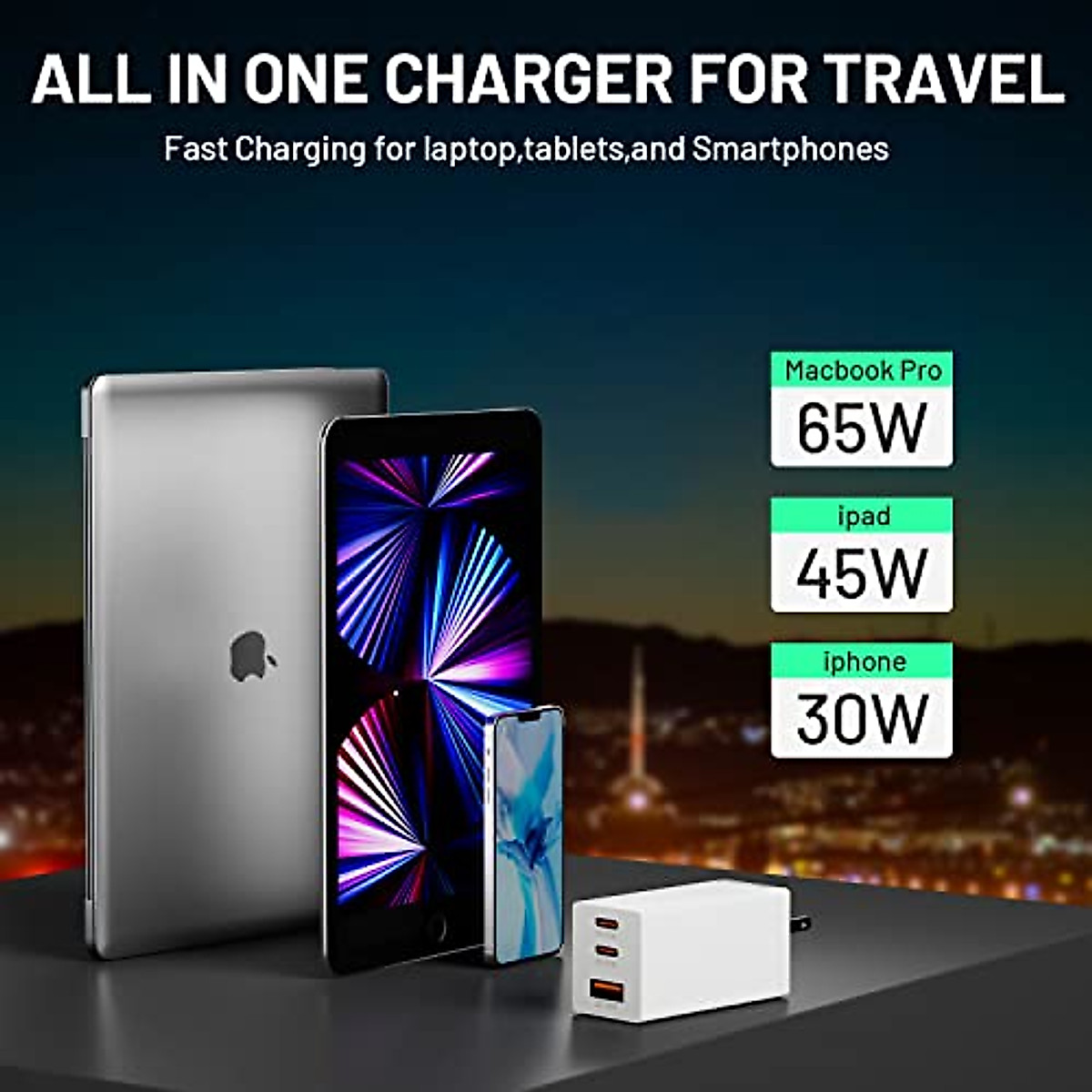 AcoFeu 65W USB C Charger Block, 3 Ports Fast Foldable Wall Charger for MacBook Air, iPhone Pro Max, iPad Pro, Galaxy S22 Ultra, Switch, Air Pods & More
