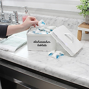 AuldHome Dishwasher Pod Holder, Tablet Container; White Enamelware Rustic Kitchen Storage Tin with Lid