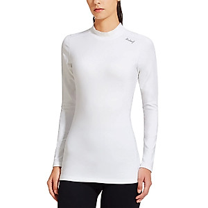 BALEAF Thermal Long Sleeve Running Shirt Women Workout Tops Gym Clothes Mock Neck Fleece Hiking Skiing Base Layer for Winter Cold Weather White S