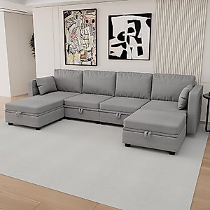 WILLIAMSPACE 110" Sectional Sofa Couch for Living Room, Modern Modular U-Shape Sofa with Storage Seats & Reversible Chaise & Adjustable Armrest, 6 Seat Convertible Sofa for Home Office (Grey)