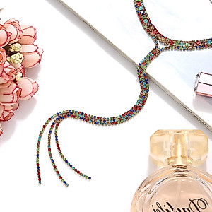 JERTOCLE 3 Row Rhinestone Choker Necklace Crystal Tassel Wide Collar Necklaces Gothic Diamond Charms for Women (rainbow color)