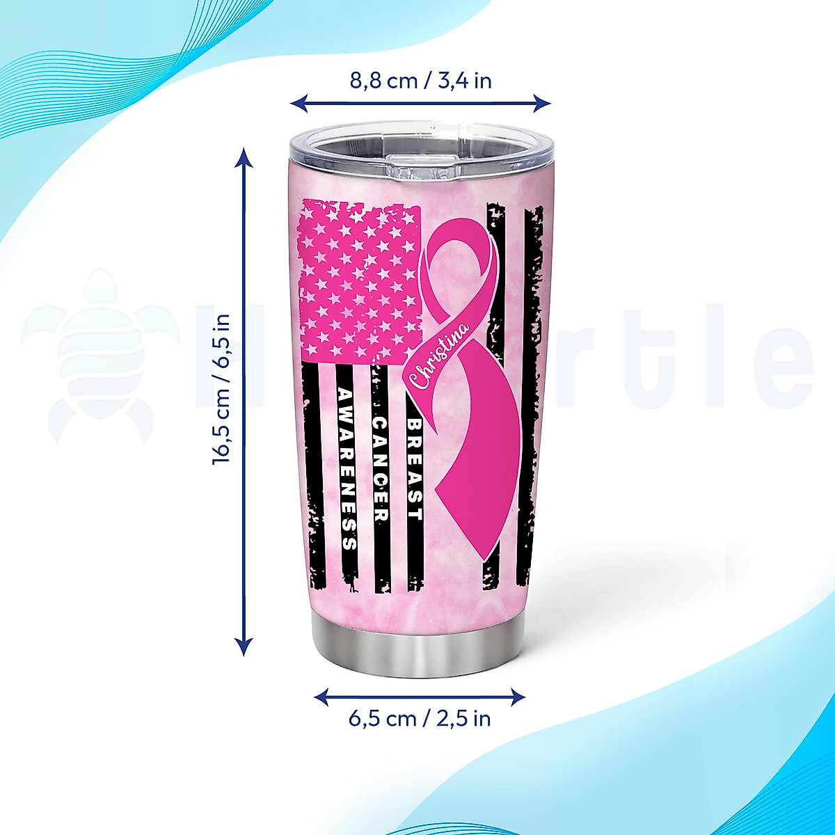 Hyturtle Personalized Breast Cancer Awareness Gifts For Women - Custom Name Stainless Steel Tumbler Coffee 20 oz With Lid - Warrior Breast Cancer Gifts For Friend, Mom On Awareness Month, Christmas