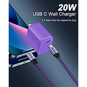 Power Delivery 20W Type USB C Quick Charging Wall Charger Adapter with 3FT Type-C to Lightning Cable for iPhone 14/14 Plus/14Pro/14 Pro Max/13/13Pro/13 Pro Max/12/12Pro/12 Pro Max/11/11 Pro Max-Purple