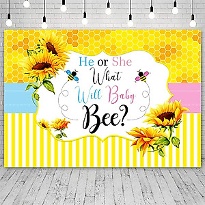 ABLIN 7x5ft Bee Baby Shower Backdrop He or She What Will Baby Bee Gold Sunflower Honey Photography Background Boy or Girl Gender Reveal Party Decorations Photo Shoot Props