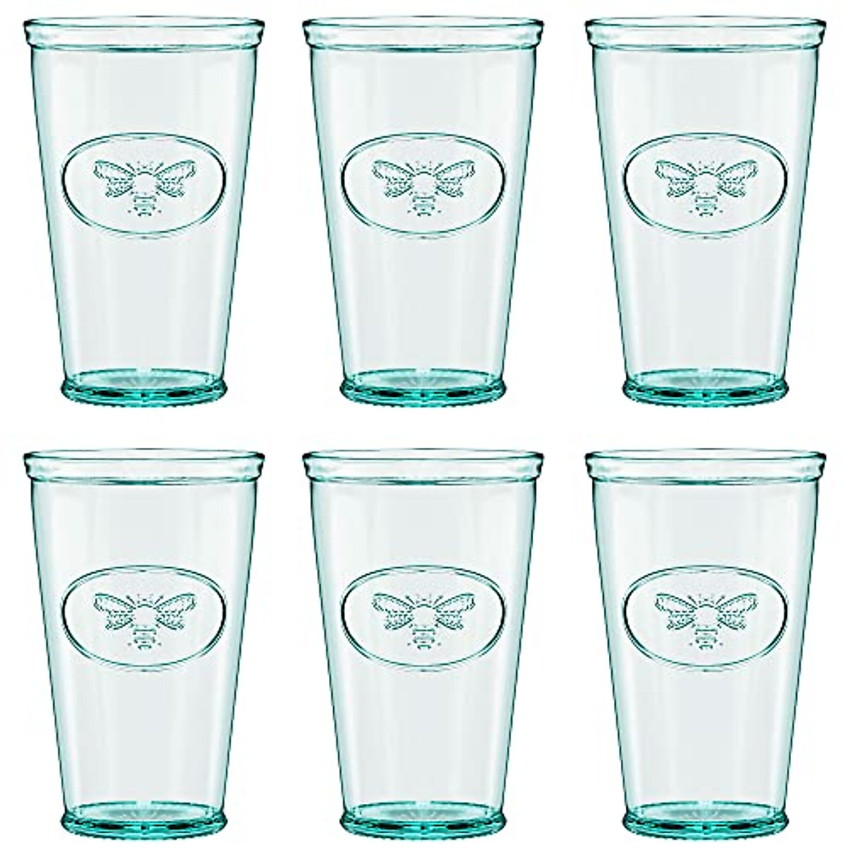 Amici Home Bee Hiball Glass | 16 Oz | Italian Made, Recycled Glass with Green Tint | Drinking Glass with Embossed Bee Design for Water, Juice, Cocktails (Set of 6)