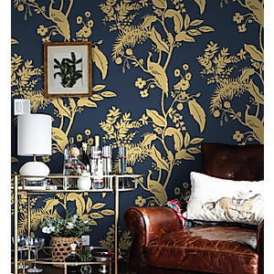 GloryTik 17.3" X 78.7"Blue and Gold Wallpaper Vintage Floral Peel and Stick Wallpaper Leaf/Bird/Flower Contact Paper Self Adhesive Wallpaper Removable Boho Wallpaper for Walls Furniture Covering