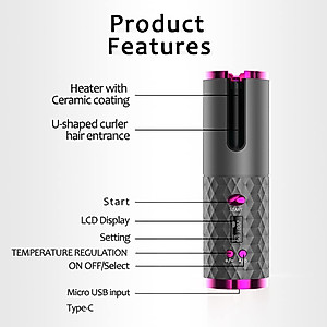 Automatic Curling Iron, Hair Curling Iron for Hair Styling, Cordless Auto Hair Curler, with 6 Temps and Timers, Auto Shut-Off, Fast Heating, Rechargeable Cordless Hair Curler 1 (Gray)