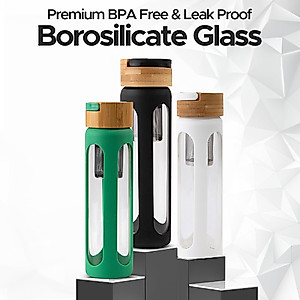 NUZI Glass Water Bottles 18 oz with Stainless Steel Fruit Infuser | Insulated Water Bottle | Reusable Glass Water Bottles with Silicone Sleeve & Bamboo Lid | BPA Free and Leakproof | Black | 1 Pc