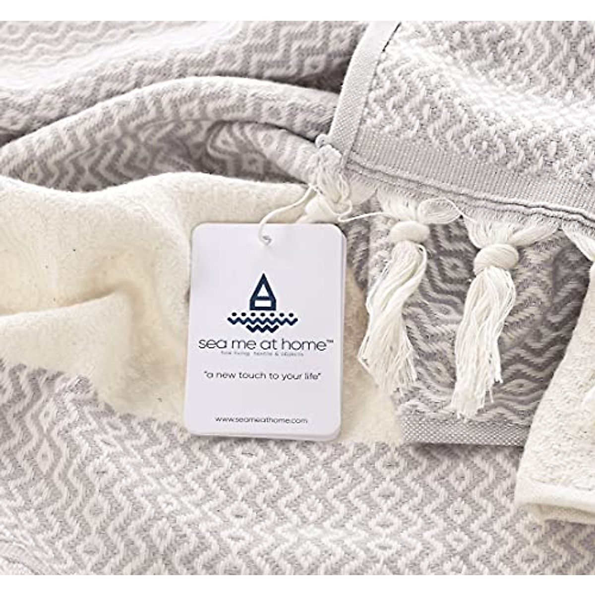 sea me at home 2 Pack Decorative Turkish Hand Towels for Bathroom with Bohemian Design (Set of 2), 100% Turkish Cotton Farmhouse Boho Kitchen Towel Set, 16 x 36 Inches (Light Gray)