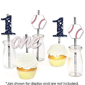 Big Dot of Happiness 1st Birthday Batter Up - Baseball - Paper Straw Decor - First Birthday Party Striped Decorative Straws - Set of 24