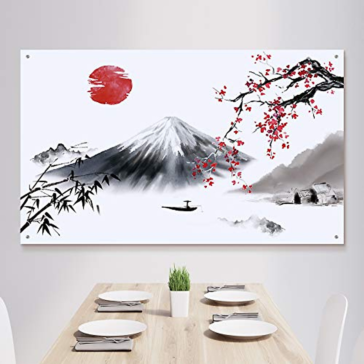 Japanese Wall Hanging Photo Banner Asian Mount Fuji Red Sun Backdrop Japanese Landscape Nature Background for Japanese Party Wall Home Decorations, 72.8 x 43.3 Inch