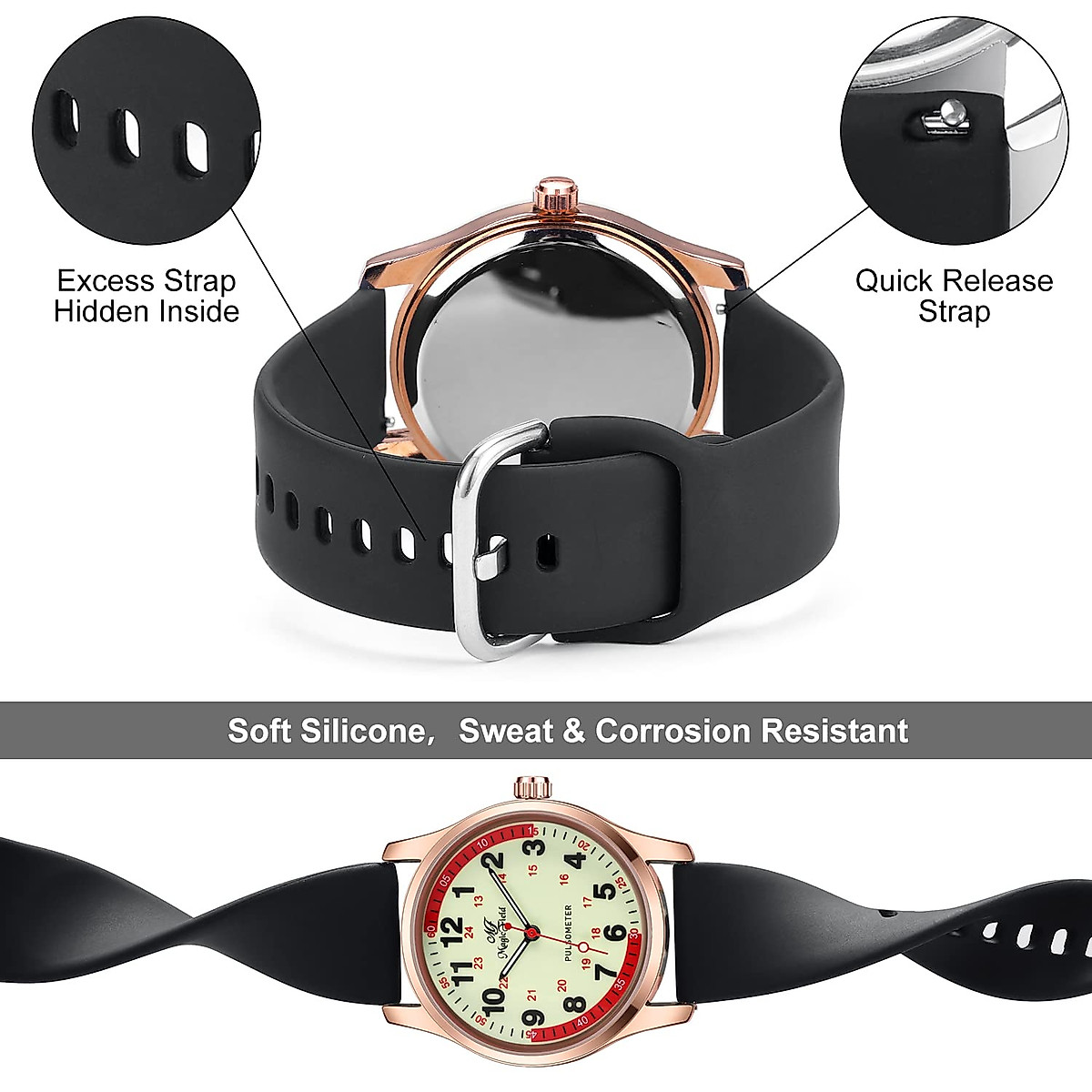 ManChDa Nurse Watch for Nurse Medical Watch Nurse Watch for Women Silicone Watch Nurse Watch Second Hand Easy to Read Watch Military Time Watch Waterproof Luminous Watch 24 Hours Watch Black