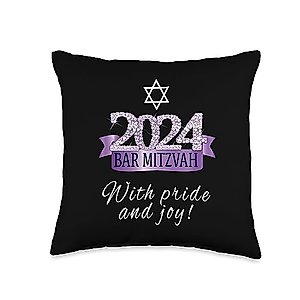 2024 Bar Mitzvah Gifts & Decorations For Boys Bar Mitzvah 2024 I with Pride & Joy I Purple Banner Decor Throw Pillow, 16x16, Multicolor