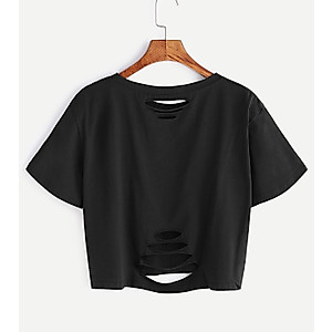 SweatyRocks Women's Summer Short Sleeve Tee Distressed Ripped Crop T-shirt Tops Black M