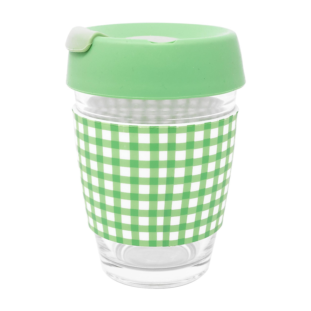 Martha Stewart Glass Tumbler, 12 Ounce Travel Coffee Mug with Splashproof Lid & Green Gingham Silicone Sleeve, Hot or Cold Beverages, Arcadian Green Gingham