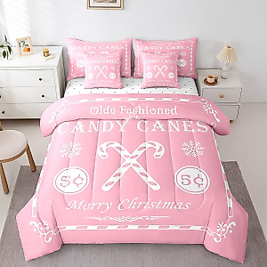 Feelyou Christmas Bedding Set 7 Pieces King Size Kids Christmas Quote Bedding Set Teens Candy Canes Print Comforter Set Xmas Pink White Bed in a Bag （Comforter, Sheets, Pillowcases & Cushion Covers）