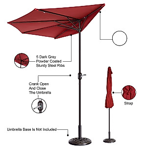 villacera 9' Outdoor Patio Half Umbrella with 5 Ribs, Fade Resistant Condo or Townhouse Umbrella in Red
