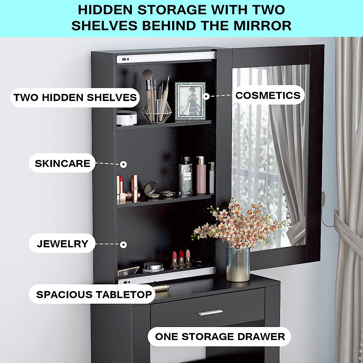 PHPMFTOS Makeup Vanity Desk with Mirror and Stool Bedroom Dressing Table with Storage Shelves Drawer Vanity Set for Women (Black)