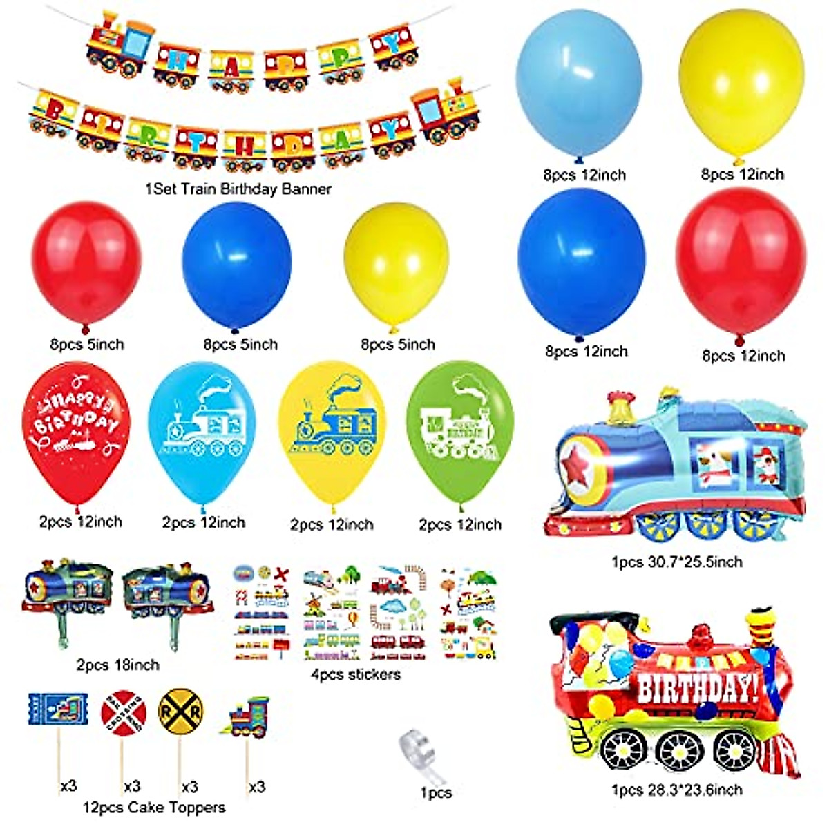 Train Birthday Party Supplies Set - Train Party Decorations with Railroad Balloons Garland,Train Birthday Banner,Train Balloons,Railway Cupcake Toppers for Steam Train Birthday Party,Baby Shower