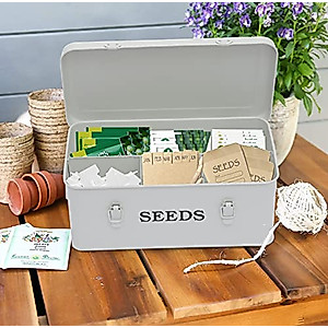 Xbopetda Seed Saving Box, Metal Seed Bin, Seed Storage Organizer Box, Seed Packet Container with Lid, Seed Envelope Storage Box, 4 Compartments Garden Seed Bin with Safety Locks-White