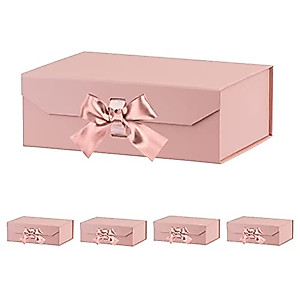 MUMUPACK 5 Pink Gift Boxes with Lid for Presents 8x7x3.3 Inches with Ribbon and Magnetic Closure, Collapsible Matte Textured Finish Box for Mother's Day, Birthdays, Bridal Gifts,Weddings