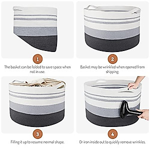 WISELIFE Storage Basket Large Cotton Rope Basket 21.7"x 21.7" x 13.8" Baby Laundry Basket with Handle Big Basket Soft Nursery Cube Bin Durable Laundry Hamper for Living Room(Gradient Grey)