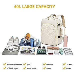 LOVEVOOK Carry on Backpack,40L Women Travel Backpack Airline Approved,Waterproof Large TSA 17inch Laptop Backpack Daypack with Anti-theft Pocket for Business Trip College Weekender,Beige