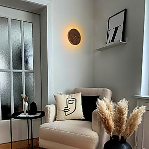 SKIVTGLAMP Nature Wood Wall Sconce Rechargeable Battery Operated LED PIP Motion IR Sensor Wall Lamp, No Drilling Cordless Farmhouse Wall Mounted for Rustic House Number Customizable Circular Walnut