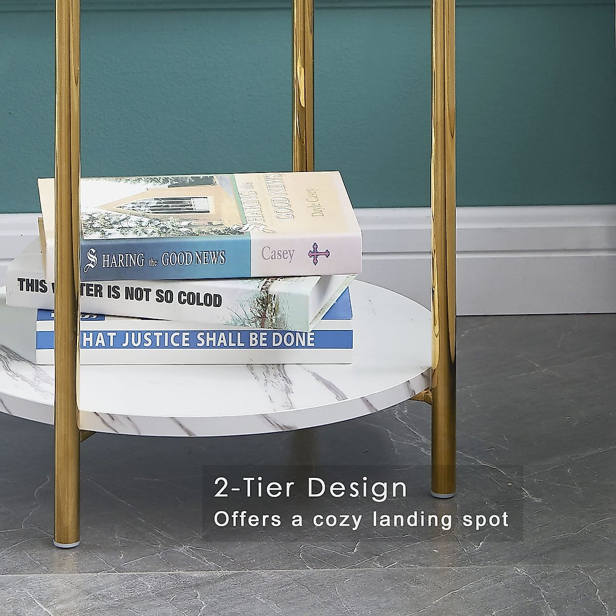 Gold End Table Faux Marble Side Table Small Round Nightstand for Living Room or Bedroom Modern Accent Table with Gold Metal Frame