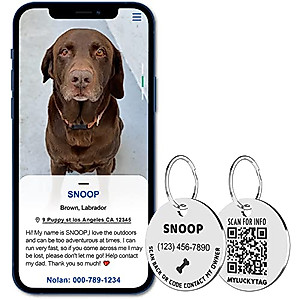 MYLUCKYTAG Personalized Pet ID Tags Dog Tags - Stainless Steel QR Code ID Tags - Pet Online Profile - Send Pet Location Alert Email When Scanning