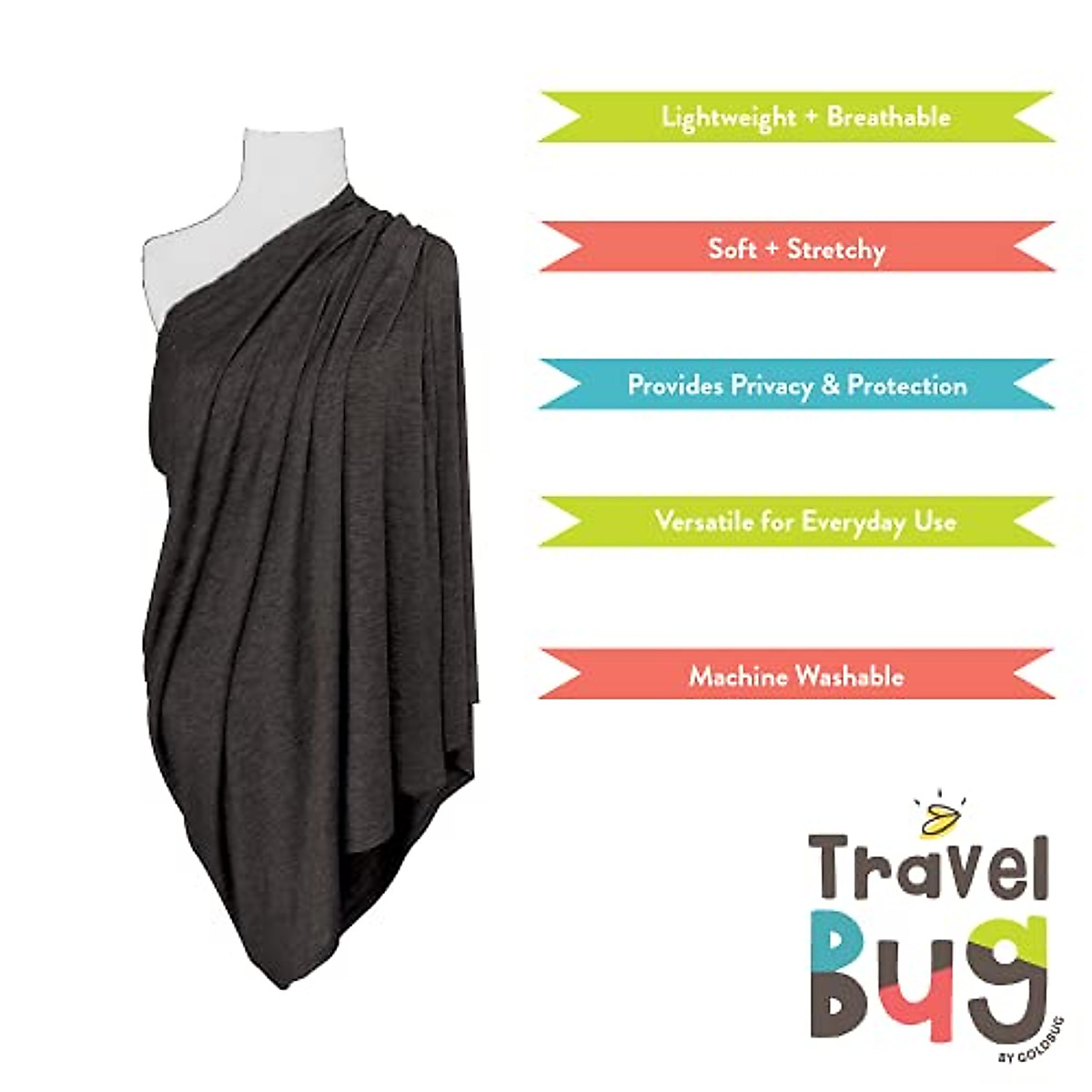 Travel Bug 5-in-1 Nursing Cover and Car Seat Cover for Babies, Charcoal Heather Grey
