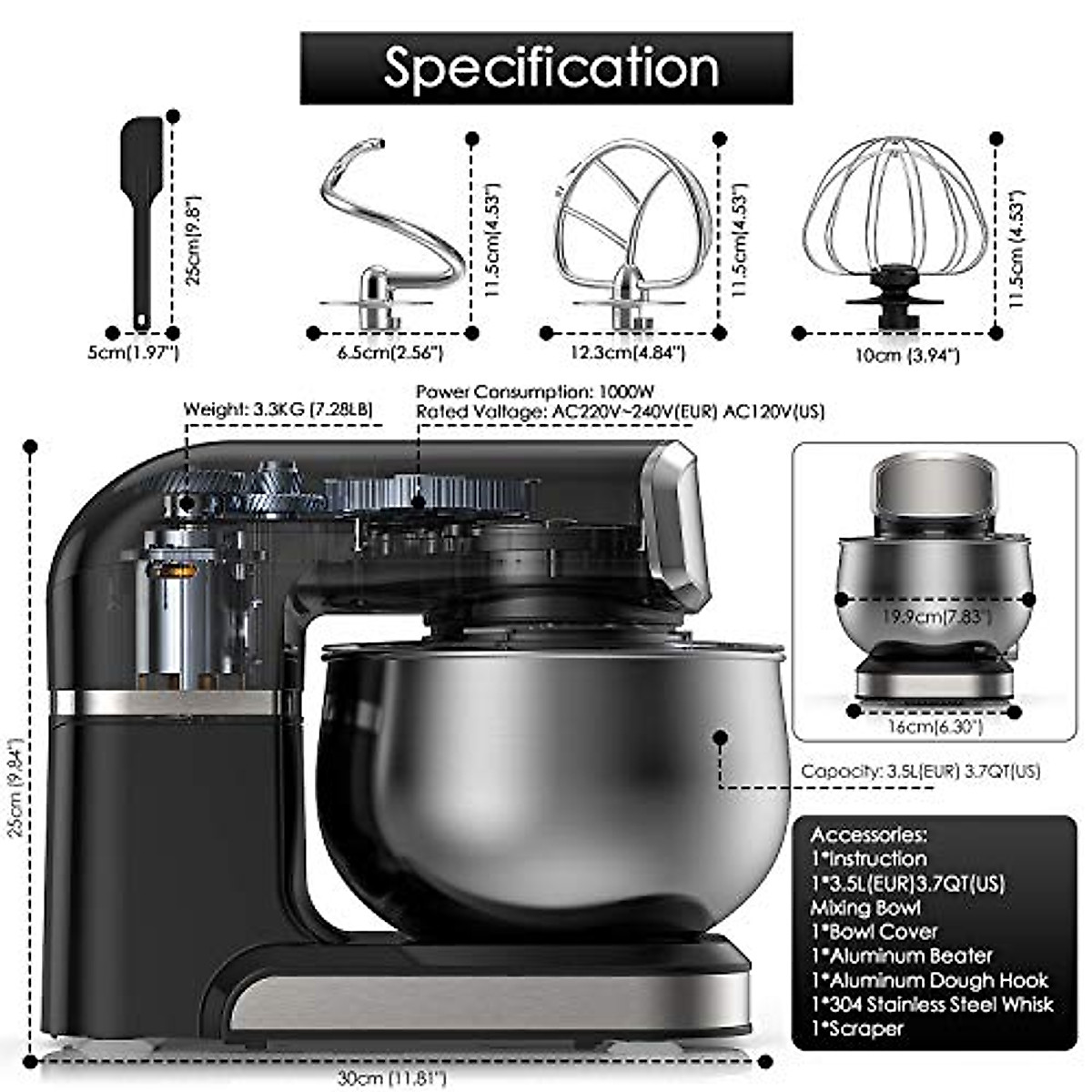 Stand Mixer, 1000W Kitchen Mixer Electric Food Mixer, 6 Speeds with 304 Stainless Steel Bowl Tilt-Head Dough Mixer, Dough Hook, Whisk, Beater, Splash Guard & Scraper