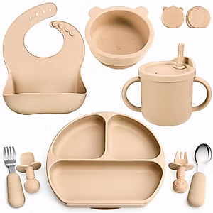 Silicone Baby Feeding Set, Baby Led Weaning Supplies with Suction Bowl Divided Plate, Toddler Self Feeding Dish Set with Spoons Forks Sippy Cup Adjustable Bib, Eating Utensils for 6+ Months(Khaki)
