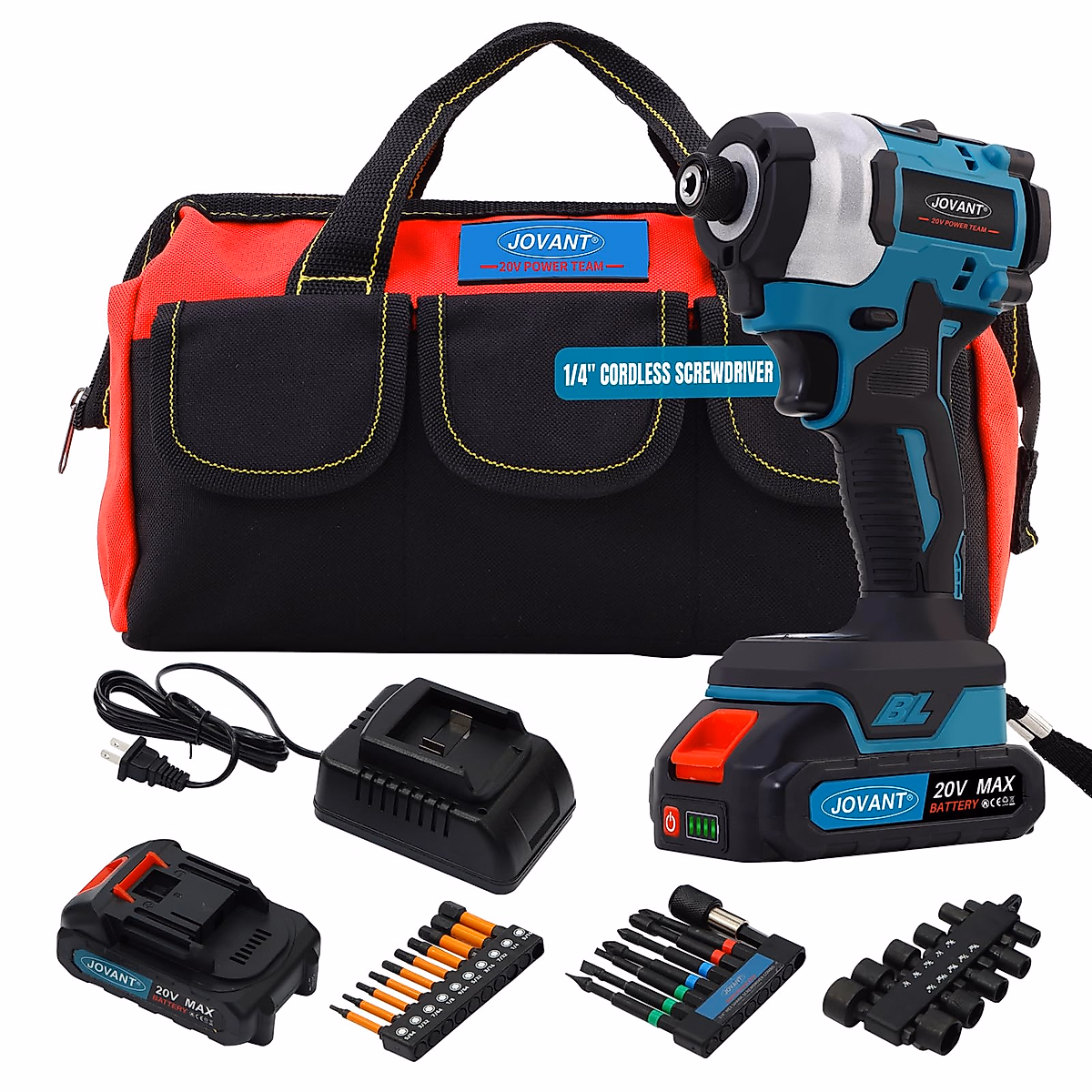 Cordless Impact Driver with 2x2.0Ah Battery and Charger, 100Ft-lbs(135N.m) Drill/Driver Set, 3200RPM Brushless 1/4 inch Hex Impact Screwdriver with Bit Accessories, 4+3 Speed, Led Light-JOVANT